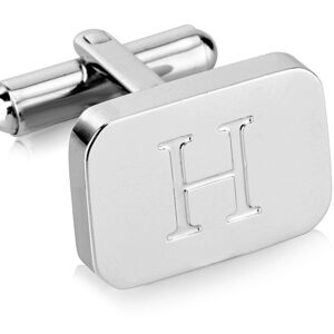 18K White-Gold Plated Initial Engraved Stainless Steel Men’s Cufflinks With Gift Box -Personalized Alphabet Letter’s A-Z By Lux & Pair (H- White Gold)