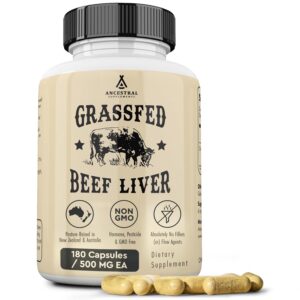 ancestral supplements grass fed beef liver 180 capsules, supports energy production, detoxification, digestion, immunity and full body wellness, non-gmo, freeze dried liver health supplement