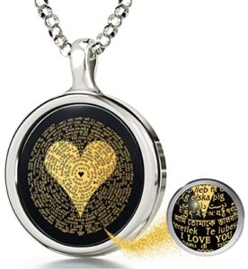 nanostyle i love you necklace romantic pendant for her - 925 sterling silver onyx wedding anniversary for wife inscribed in 120 languages in pure gold - meaningful birthday gift present, 18" chain