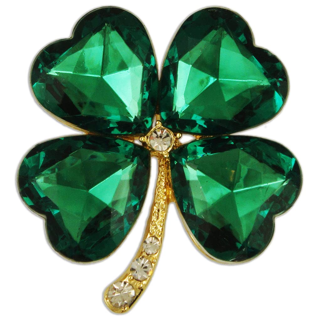 Crystal Green Four Leaf Clover Brooch Pendant PIN Made with SWAROVKI Elements (Gold-Plated-Base)