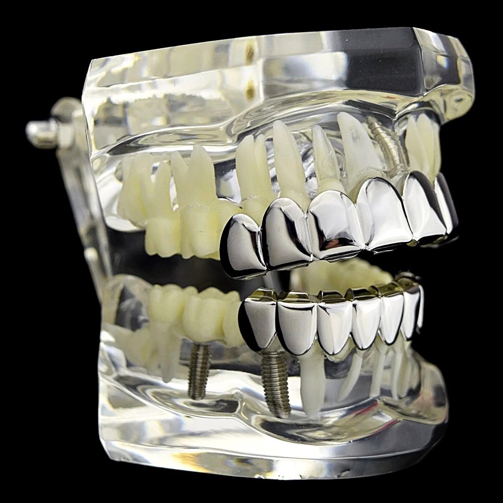 Best Grillz 8/8 Set Eight Tooth Silver Tone Top 8 Bottom Plain Hip Hop Teeth Grills