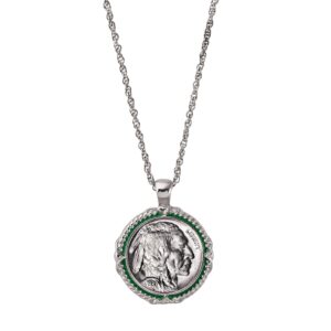 american coin treasures buffalo nickel coin pendant necklace with green enamel | silvertone 24" rope chain for men & women | lobster claw clasp | jewelry for collectors | elegant gift box