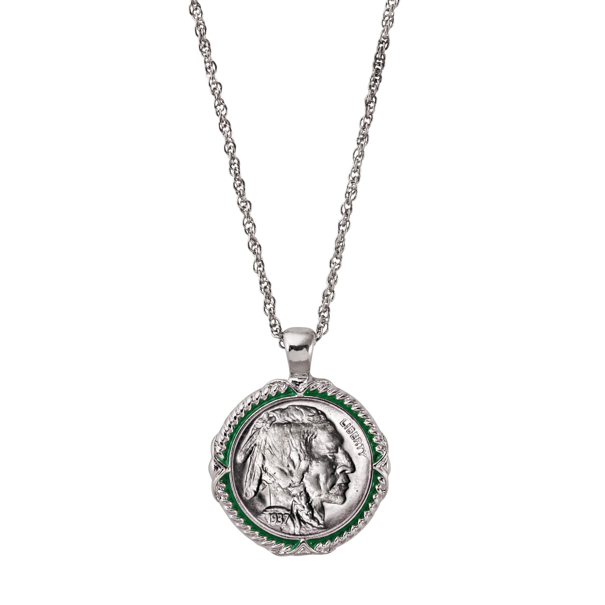 American Coin Treasures Buffalo Nickel Coin Pendant Necklace with Green Enamel | Silvertone 24" Rope Chain for Men & Women | Lobster Claw Clasp | Jewelry for Collectors | Elegant Gift Box