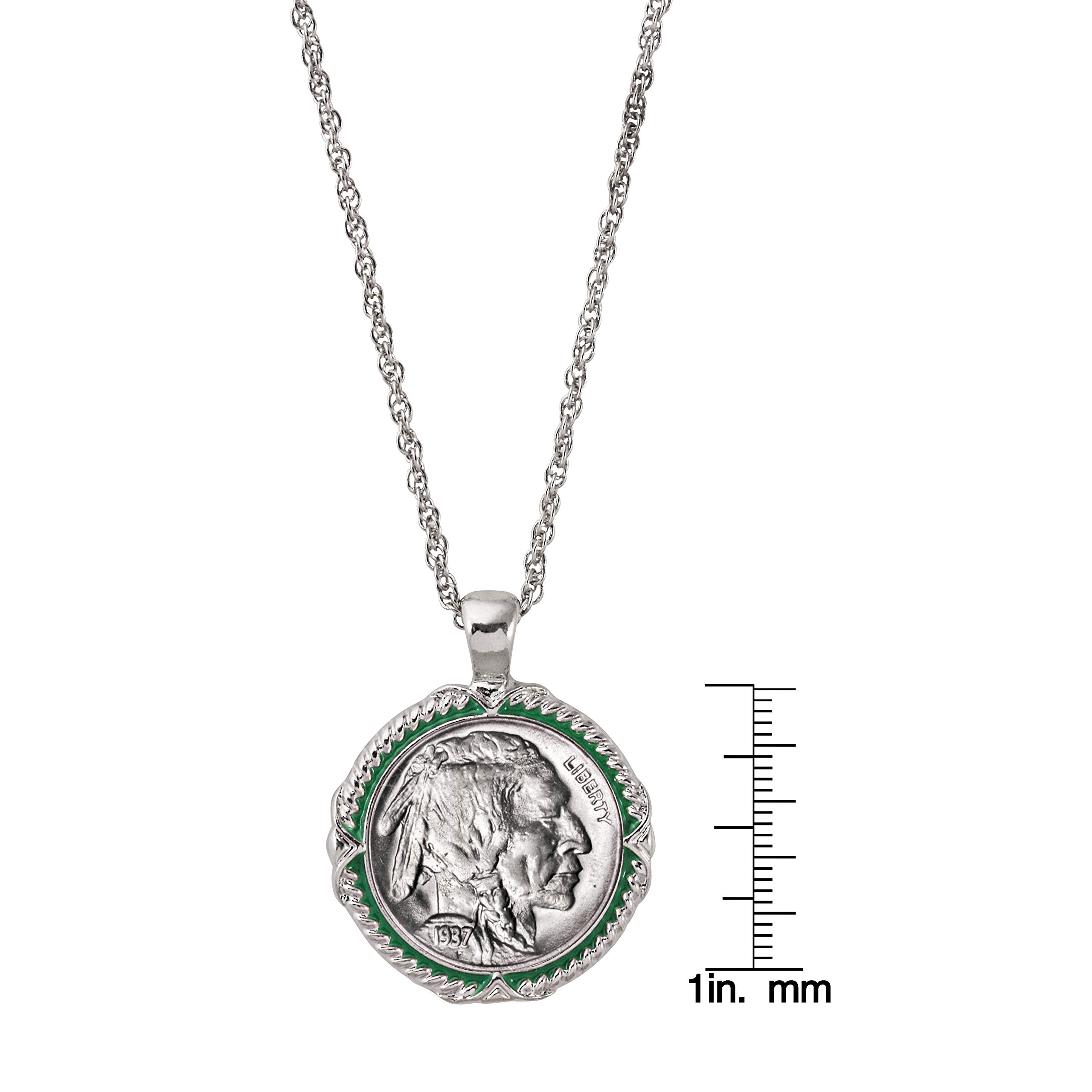 American Coin Treasures Buffalo Nickel Coin Pendant Necklace with Green Enamel | Silvertone 24" Rope Chain for Men & Women | Lobster Claw Clasp | Jewelry for Collectors | Elegant Gift Box