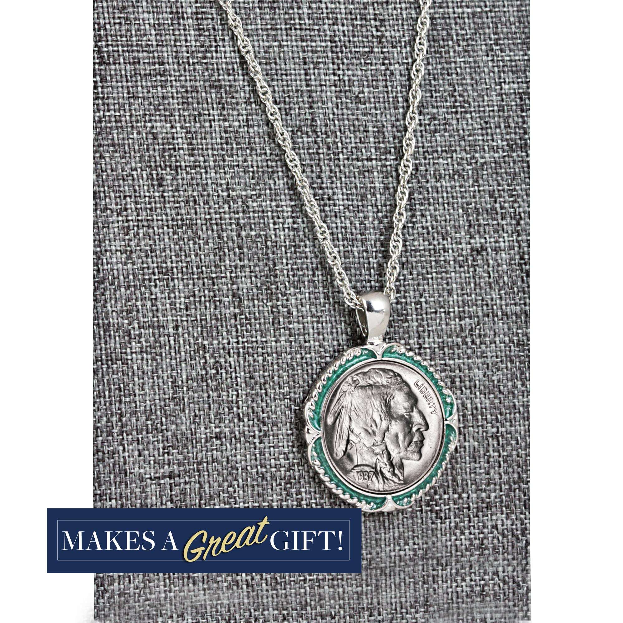 American Coin Treasures Buffalo Nickel Coin Pendant Necklace with Green Enamel | Silvertone 24" Rope Chain for Men & Women | Lobster Claw Clasp | Jewelry for Collectors | Elegant Gift Box