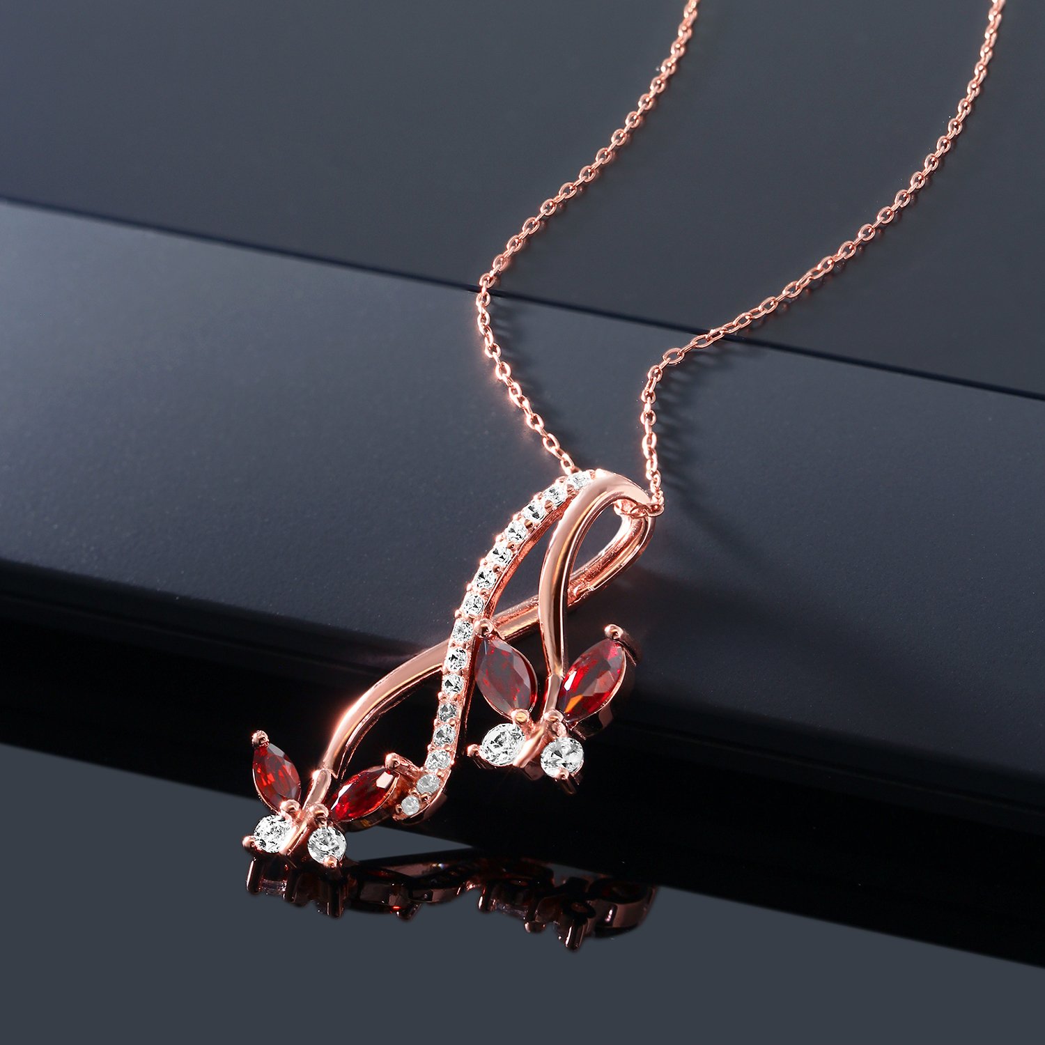 Gem Stone King 18K Rose Gold Plated Silver Red Garnet Butterfly Pendant Necklace For Women (1.21 Cttw, Marquise Cut Gemstone Birthstone, with 18 Inch Chain)