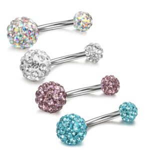 ORAZIO 14G 316L Stainless Steel Belly Button Ring,4Pcs Belly Button Rings Internally Threaded Round Nipple Barbell Studs Navel Ring,Multicolor Round CZ Belly Rings for Women Body Piercing Jewelry