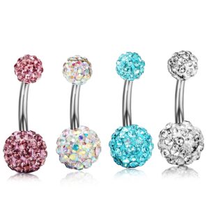 ORAZIO 14G 316L Stainless Steel Belly Button Ring,4Pcs Belly Button Rings Internally Threaded Round Nipple Barbell Studs Navel Ring,Multicolor Round CZ Belly Rings for Women Body Piercing Jewelry