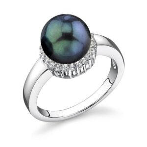 The Pearl Source 8-8.5mm Genuine Black Japanese Akoya Saltwater Cultured Pearl Ring for Women