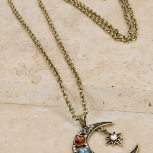 SPUNKYsoul Boho Antique Gold Tribal Crescent Moon Faceted Crystal Long Necklace for Women