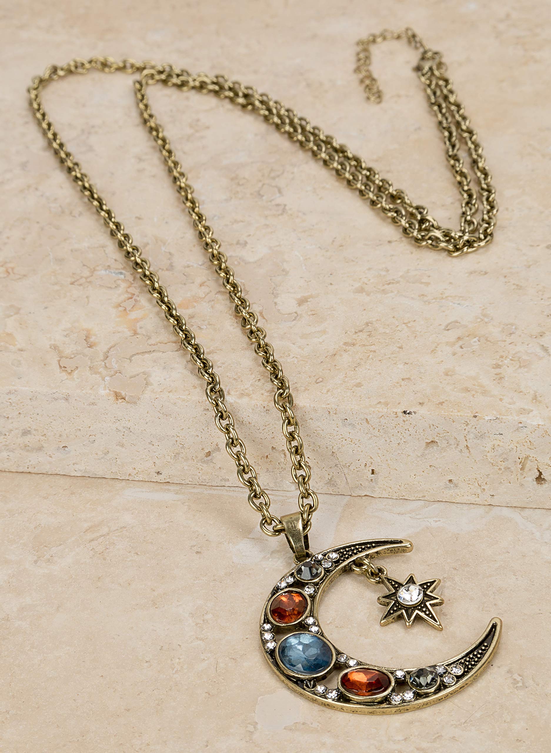 SPUNKYsoul Boho Antique Gold Tribal Crescent Moon Faceted Crystal Long Necklace for Women