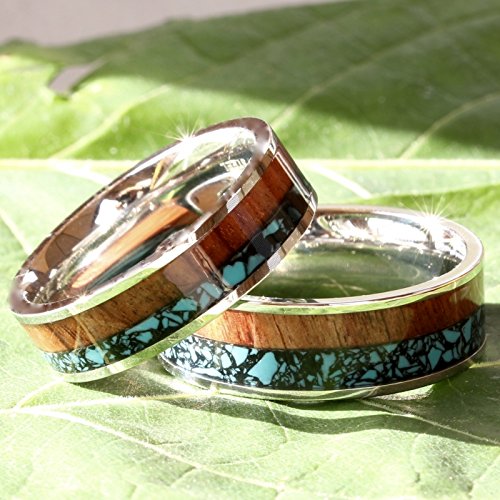 Men`s & Women`s 3 pc Natural Koa Wood Turquoise Blue CZ Stainless Steel Engagement Wedding Rings Set (Size Men 10; Women 06)