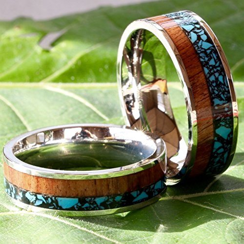 Men`s & Women`s 3 pc Natural Koa Wood Turquoise Blue CZ Stainless Steel Engagement Wedding Rings Set (Size Men 10; Women 06)