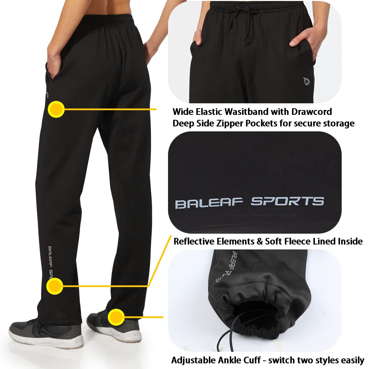 BALEAF Women's Fleece Pants Winter Running Gear with Zipper Pockets Athletic Joggers Adjustable Ankle Track Pants Black Size S