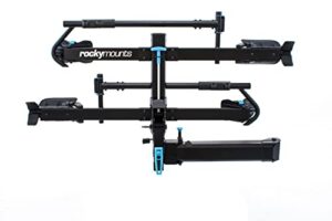 rockymounts backstage 2" receiver swing away platform hitch 2 bicycle rack. allows full access to the rear of the vehicle with bikes on or off the rack.