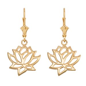 lotus flower leverback earrings in polished 14k yellow gold