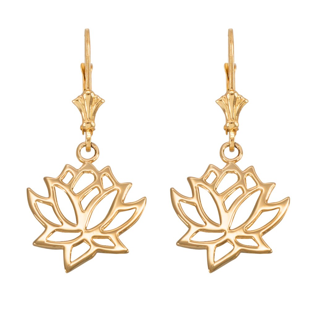 Lotus Flower Leverback Earrings in Polished 14k Yellow Gold