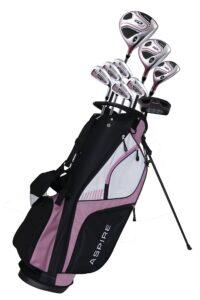 aspire xd1 ladies womens complete golf clubs set includes titanium driver, s.s. fairway, hybrid, 6-pw irons, putter, bag, 3 h/c's pink petite size