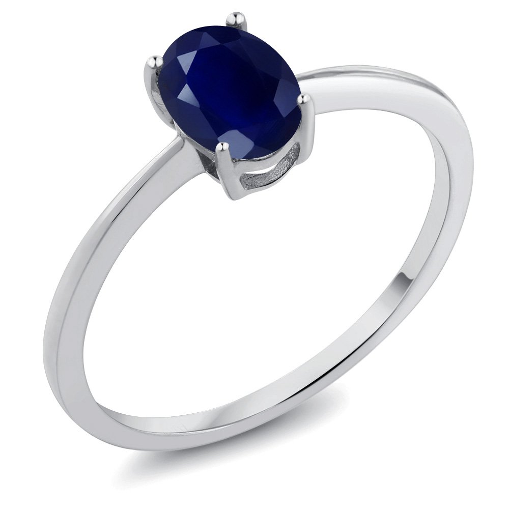 Gem Stone King 10K White Gold Blue Sapphire Solitaire Engagement Ring For Women | 1.02 Cttw | Oval 7X5MM | Gemstone September Birthstone | Available in Size 5-10