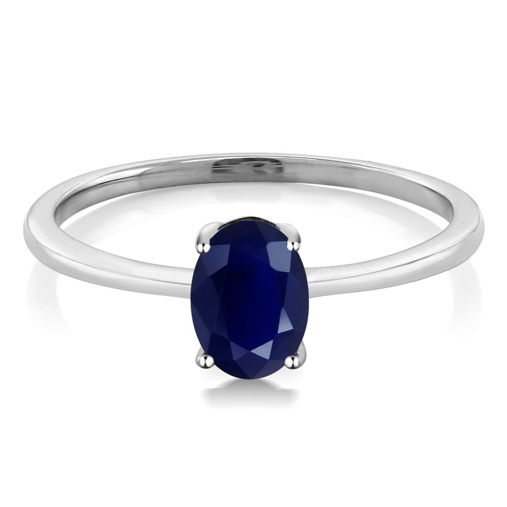 Gem Stone King 10K White Gold Blue Sapphire Solitaire Engagement Ring For Women | 1.02 Cttw | Oval 7X5MM | Gemstone September Birthstone | Available in Size 5-10