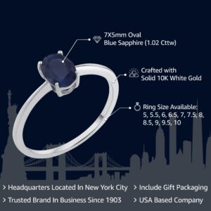 Gem Stone King 10K White Gold Blue Sapphire Solitaire Engagement Ring For Women | 1.02 Cttw | Oval 7X5MM | Gemstone September Birthstone | Available in Size 5-10