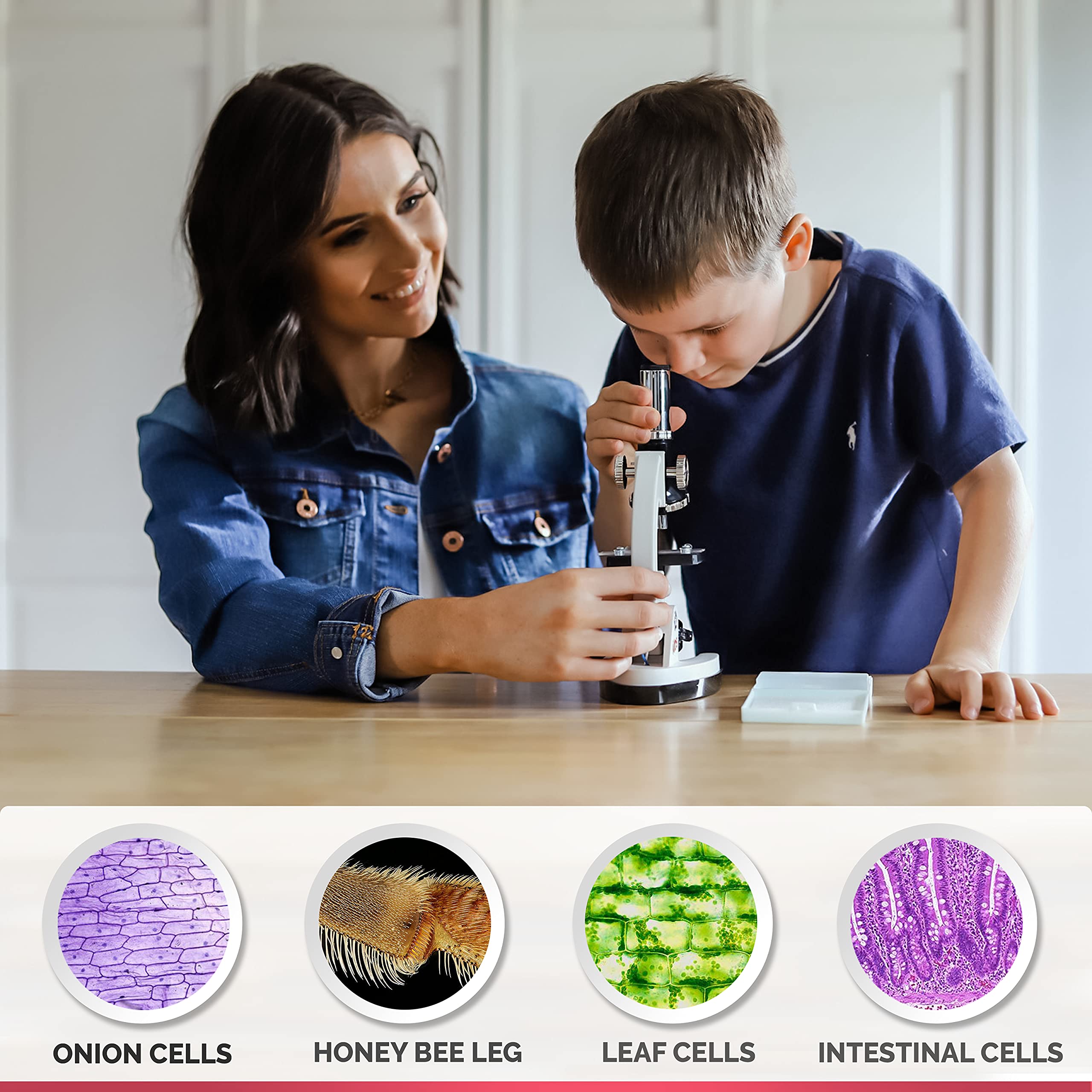 AmScope 1200X 48-pcs Kids Student Beginner Microscope Kit with Slides, LED Light, Carrying Box and Book The World of The Microscope