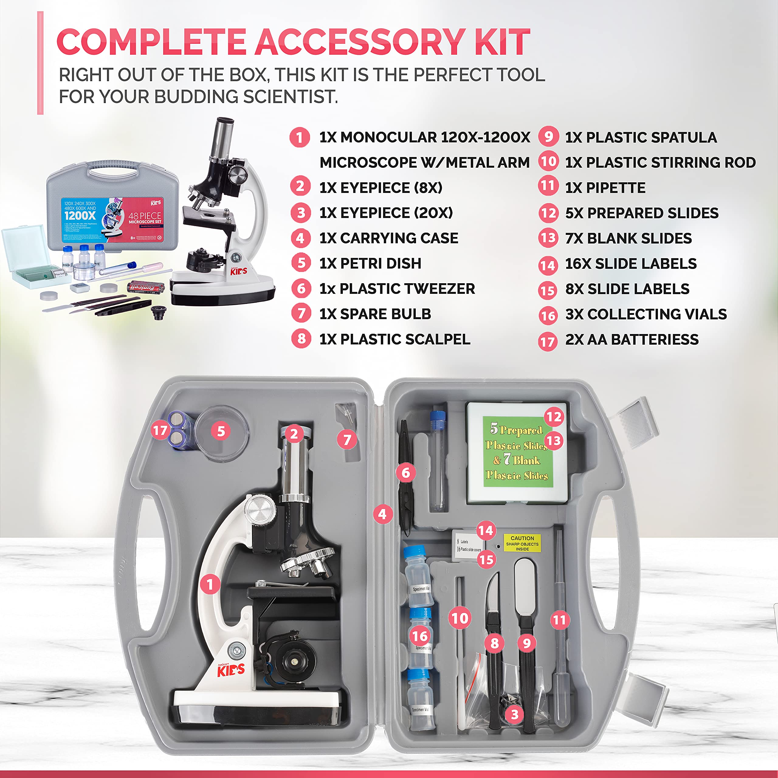 AmScope 1200X 48-pcs Kids Student Beginner Microscope Kit with Slides, LED Light, Carrying Box and Book The World of The Microscope