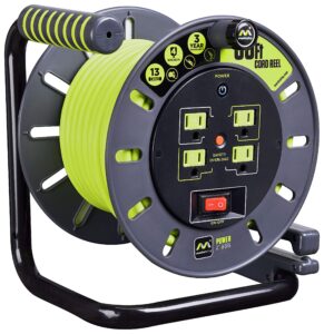 masterplug 60ft cord reel, extension lead with winding handle, safety overload circuit breaker and power switch, four outlets, 14awg