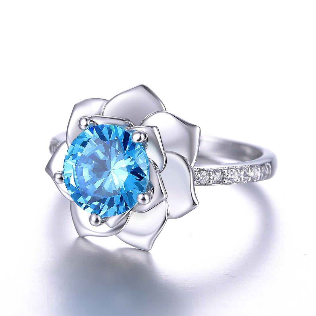 Merthus 8x8mm Round Simulated Blue Topaz 925 Sterling Silver Blossom Flower Lotus Ring for Women Size 6