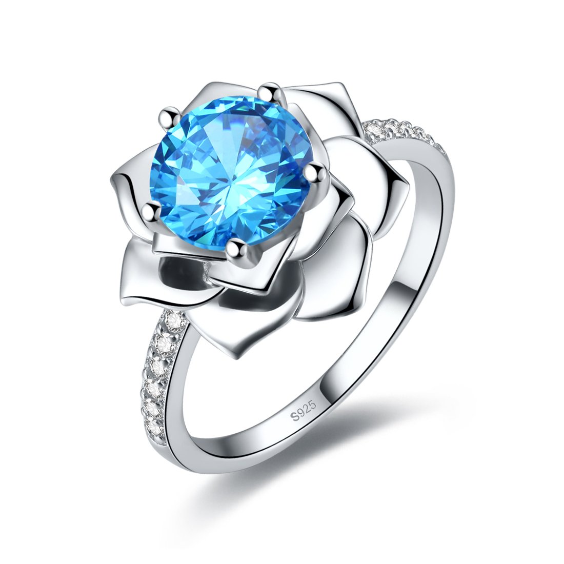 Merthus 8x8mm Round Simulated Blue Topaz 925 Sterling Silver Blossom Flower Lotus Ring for Women Size 6