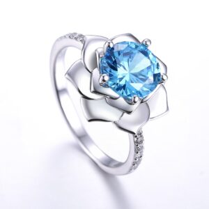 Merthus 8x8mm Round Simulated Blue Topaz 925 Sterling Silver Blossom Flower Lotus Ring for Women Size 6