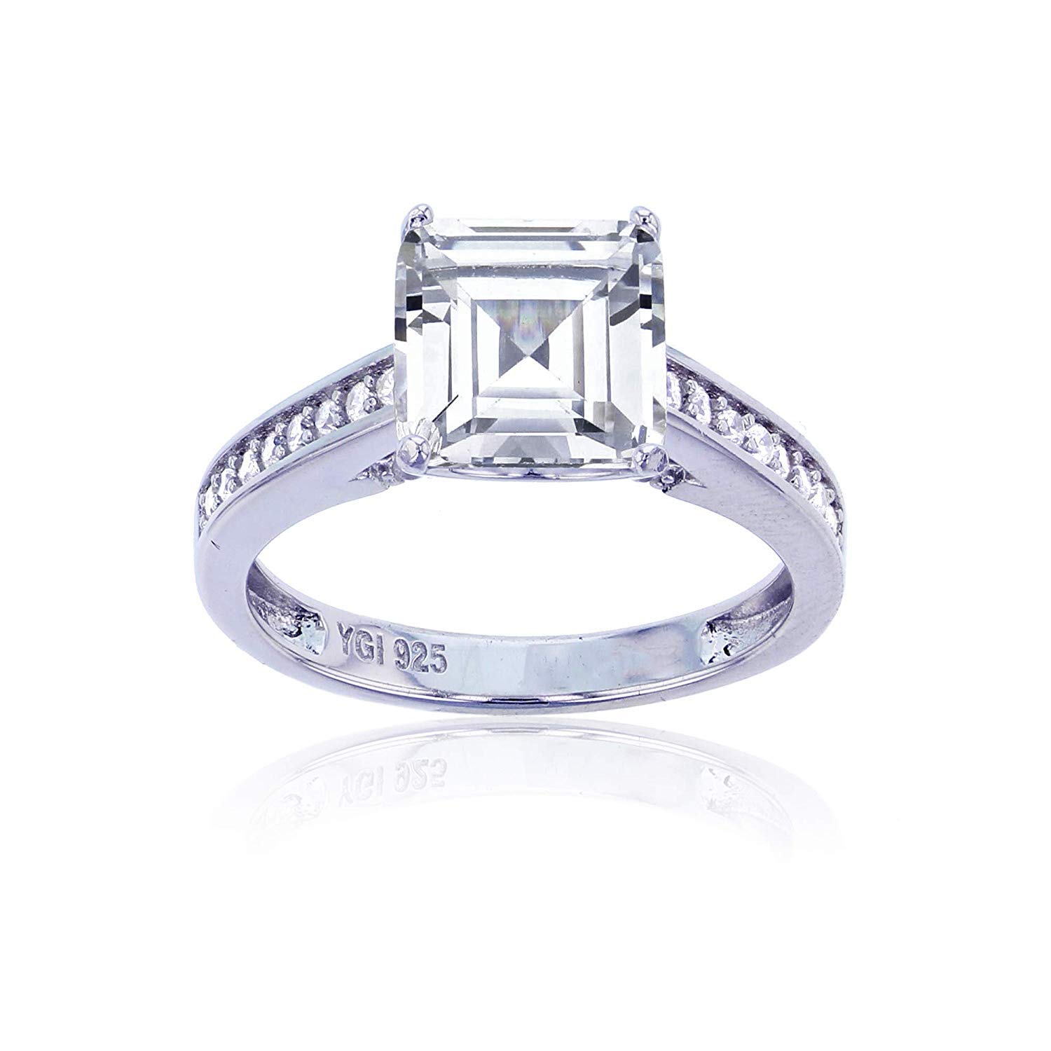 Sterling Silver Rhodium 8mm Asscher Cut Cubic Zirconia Engagement Ring