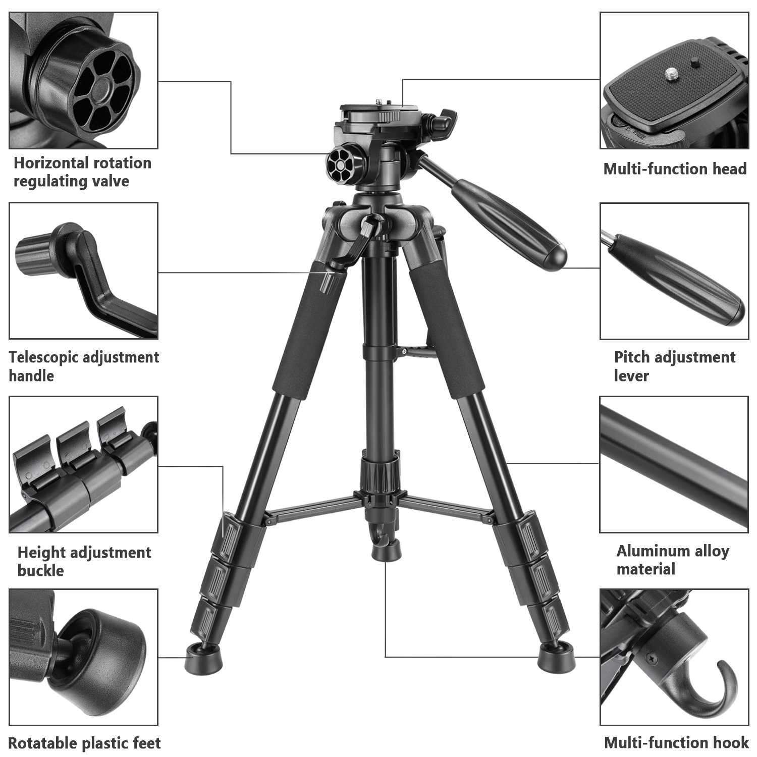 Neewer Portable 56 inches/142 centimeters Aluminum Camera Tripod with 3-Way Swivel Pan Head,Bag for DSLR Camera,DV Video Camcorder Load up to 8.8 pounds/4 kilograms Black(SAB234)