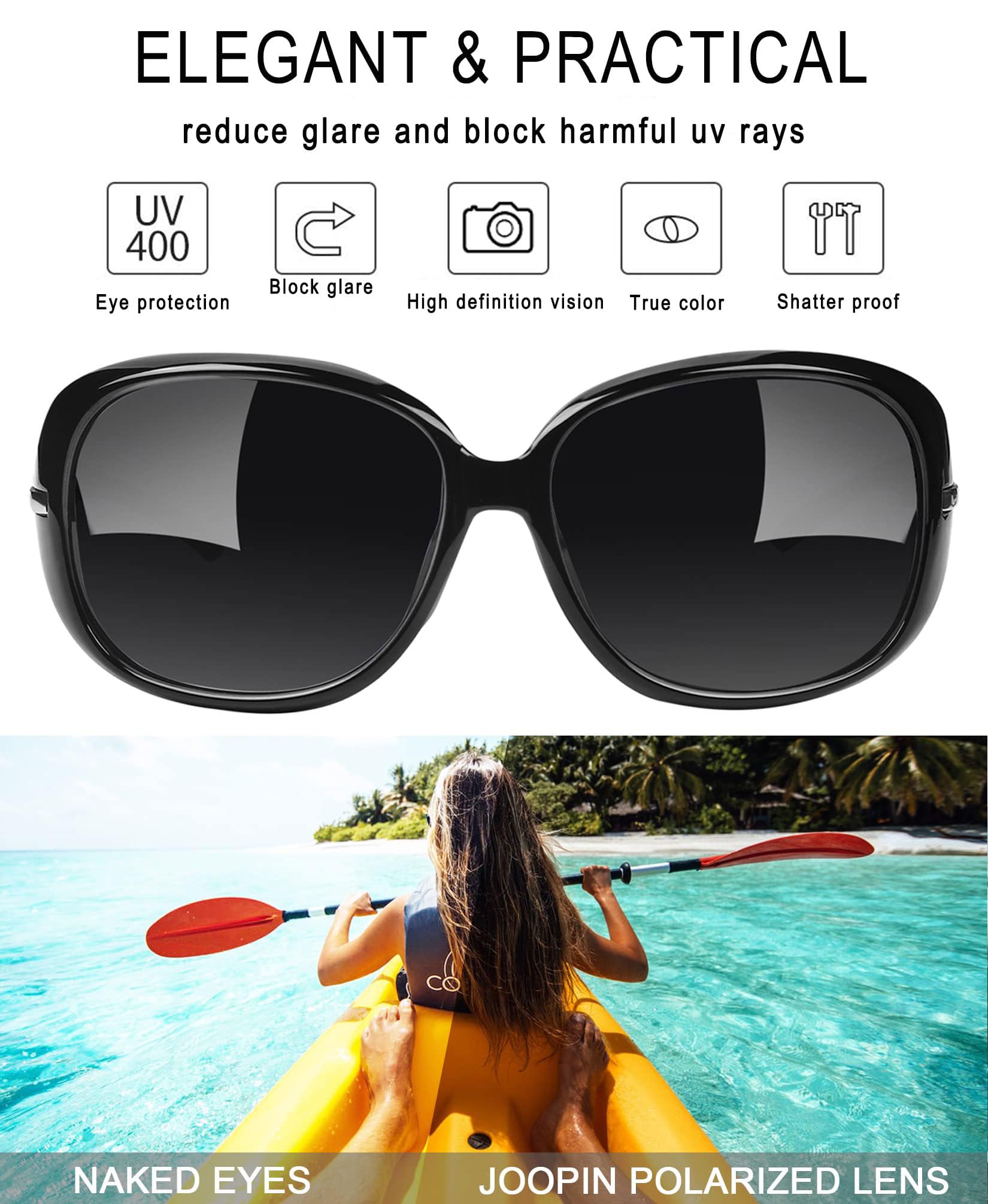 Joopin Oversized Rectangle Sunglasses Trendy Big Black Shades for Women Ladies Large Sun Glasses Polarized UV400 Jackie Shady Rays Sunnies