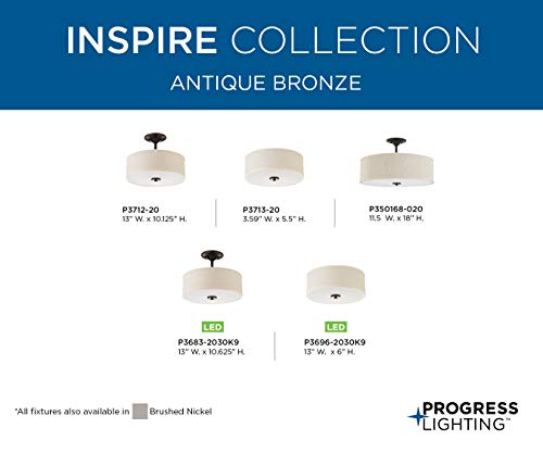 Progress Lighting P3713-20 Inspire Two-Light Flush Mount, Antique Bronze, 5.50x13.00x13.00