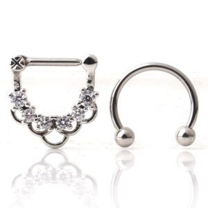 ruifan 16g surgical steel horseshoe & clear cz nose ear daith septum clicker ring 2pcs - steel