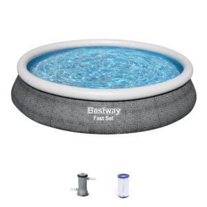 bestway fast set 15' x 33" round inflatable outdoor above ground swimming pool set with 530 gallon filter pump and repair patch, gray rattan