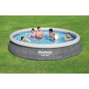 Bestway Fast Set 15' x 33" Round Inflatable Outdoor Above Ground Swimming Pool Set with 530 Gallon Filter Pump and Repair Patch, Gray Rattan