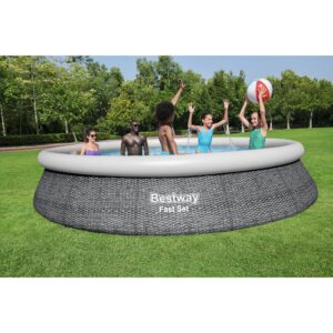 Bestway Fast Set 15' x 33" Round Inflatable Outdoor Above Ground Swimming Pool Set with 530 Gallon Filter Pump and Repair Patch, Gray Rattan