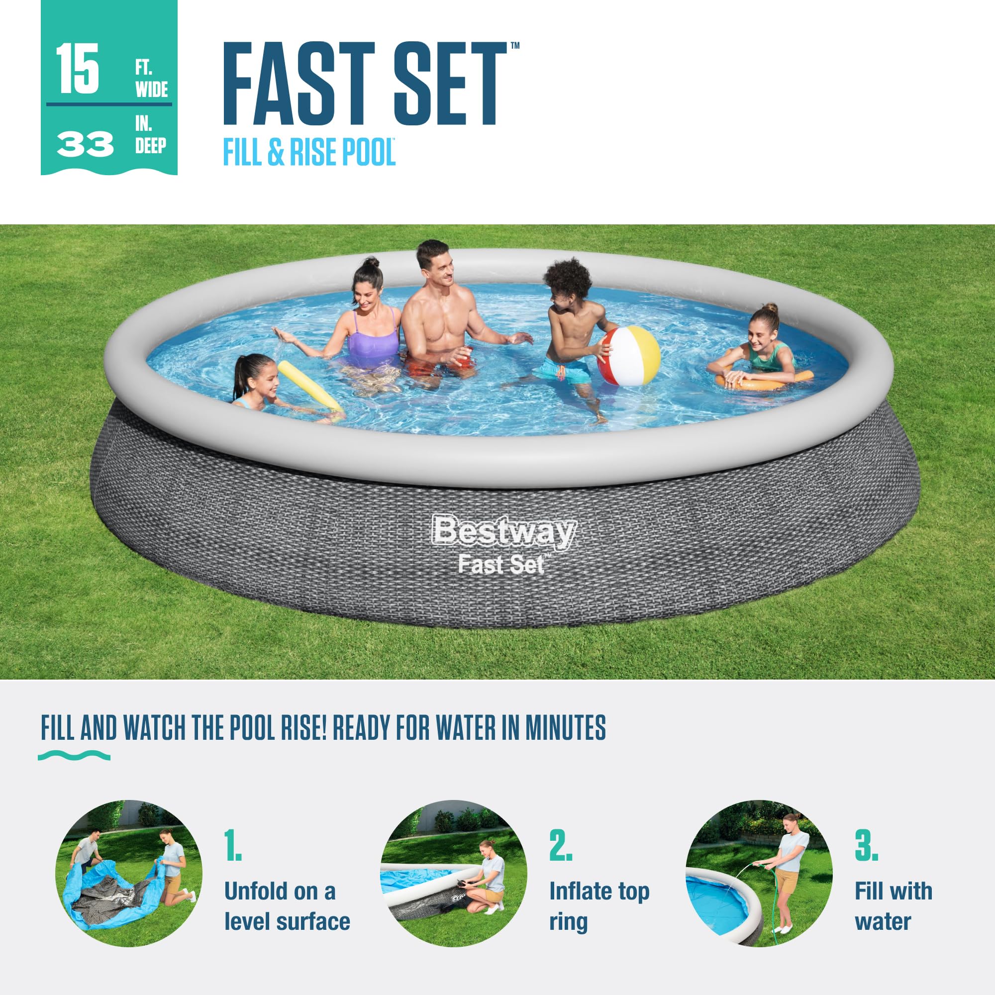 Bestway Fast Set 15' x 33" Round Inflatable Outdoor Above Ground Swimming Pool Set with 530 Gallon Filter Pump and Repair Patch, Gray Rattan