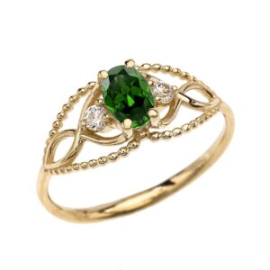 10k yellow gold elegant beaded solitaire ring with may birthstone green cz and white topaz(size 11.25)