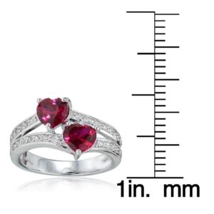 Ice Gems Sterling Silver Created Ruby and White Topaz Double Heart Friendship Ring, Size 10