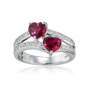 ice gems sterling silver created ruby and white topaz double heart friendship ring, size 10