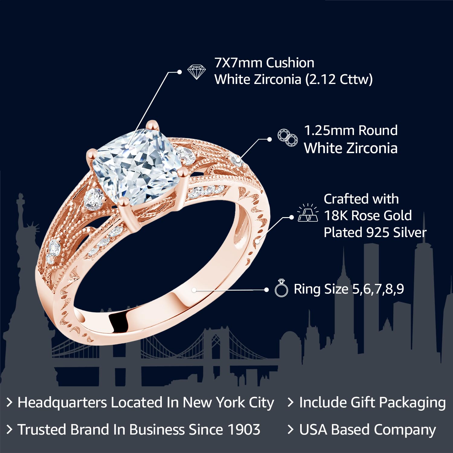 Gem Stone King 18K Rose Gold Plated Silver 7MM Cushion Cubic Zirconia Wedding Engagement Anniversary Promise Ring For Women (2.12 Cttw, Available in Size 5, 6, 7, 8, 9)