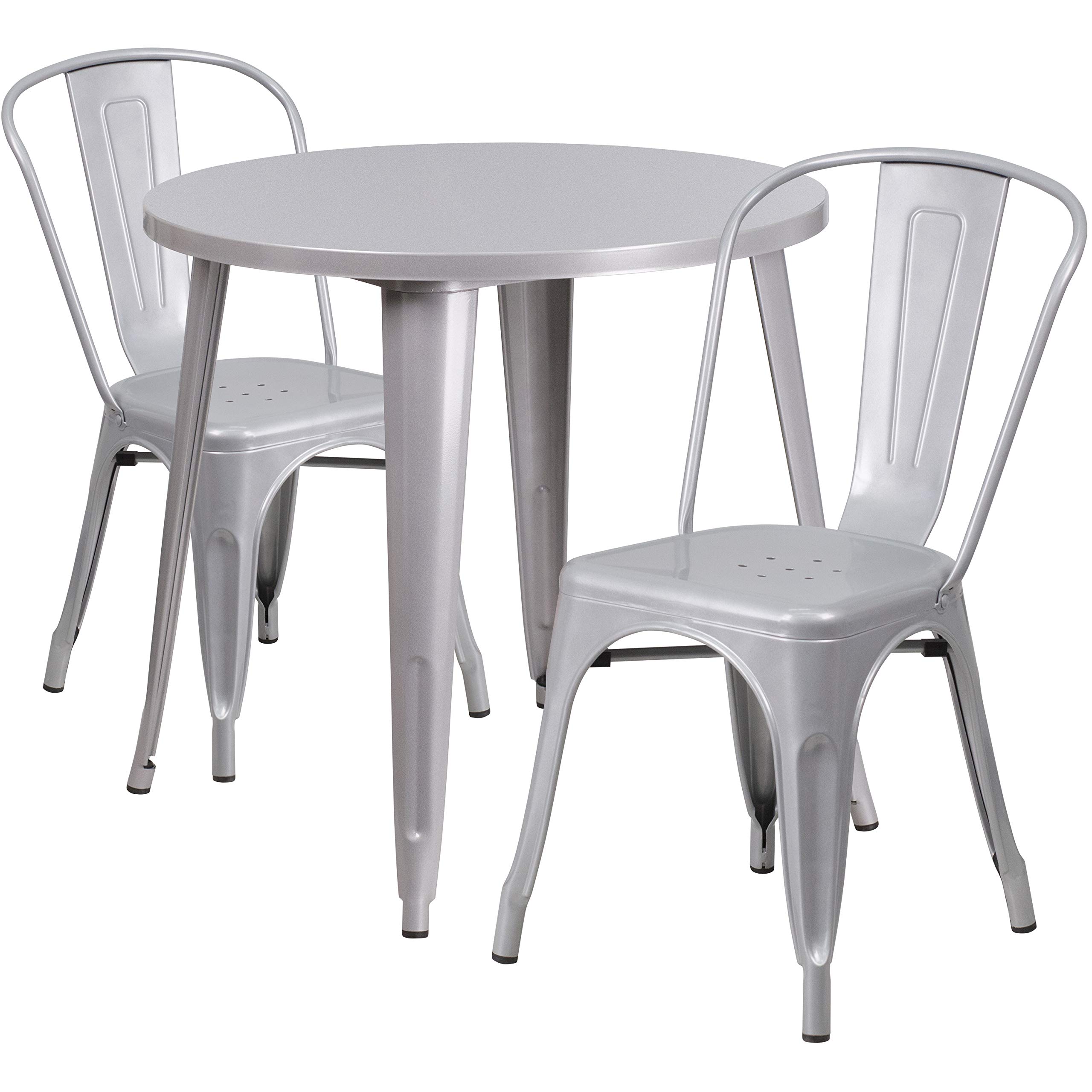 Flash Furniture Commercial Grade 30" Round Silver Metal Indoor-Outdoor Table Set with 2 Cafe Chairs