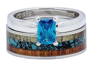 2 pc wedding rings set deer antler turquoise koa wood stainless steel sterling silver engagement rings (10)