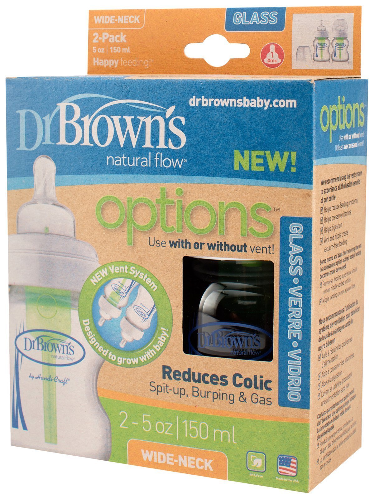 Dr. Brown's Options Wide Neck Glass Bottles, 5 Ounce