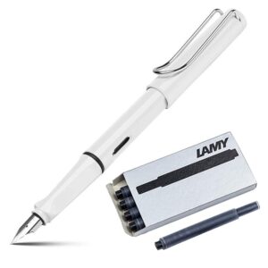 lamy safari fountain pen (19m) white & 5 black ink cartridges