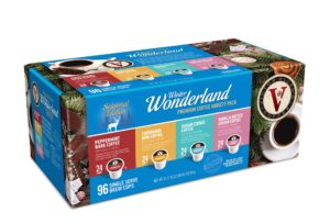 victor allen 96 count single serve cup winter wonderland coffee variety pack of peppermint bark, cinnamon bun, sugar cookie, & vanilla butter cream (compatible with 2.0 keurig brewers)