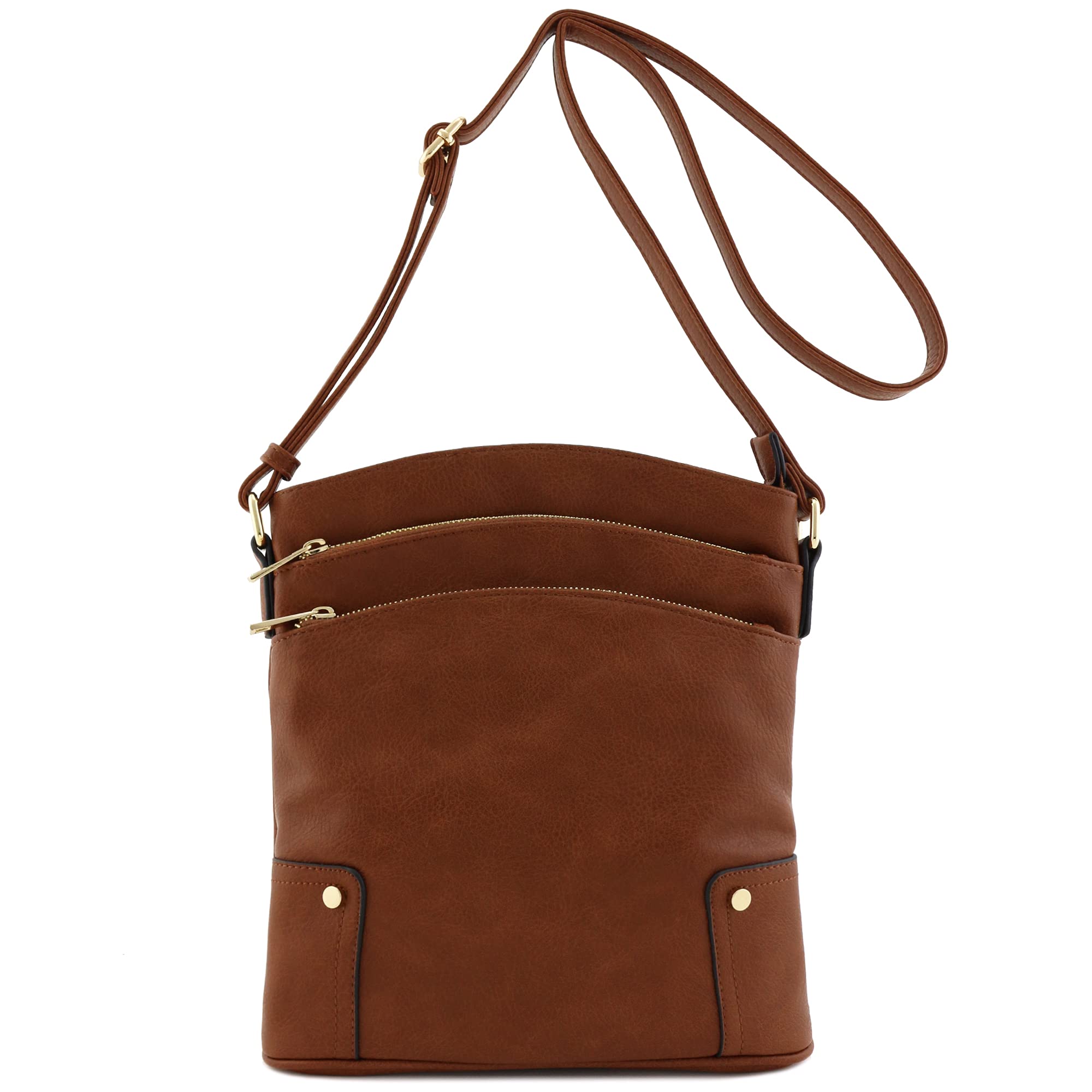 ALYSSA Triple Zip Pocket Large Crossbody Bag (Brown)